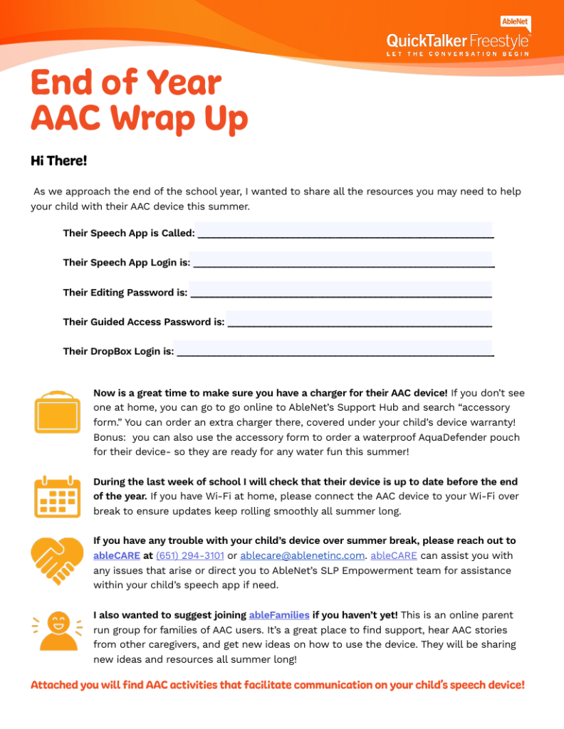 AAC Checklist for Successful Summer Breaks - AbleNet | SupportHub